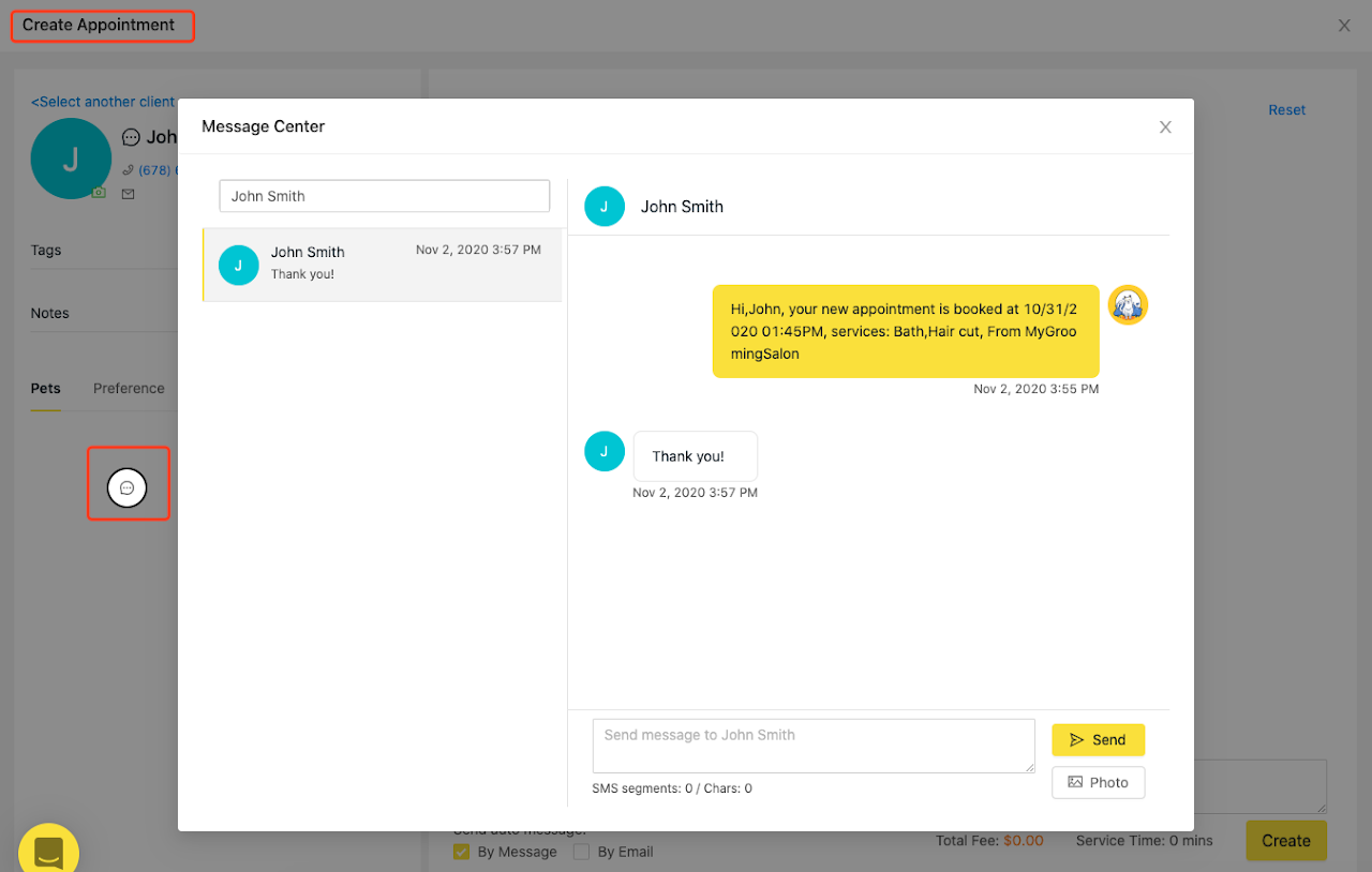 GrooMore Dog Grooming Software - Message Center
